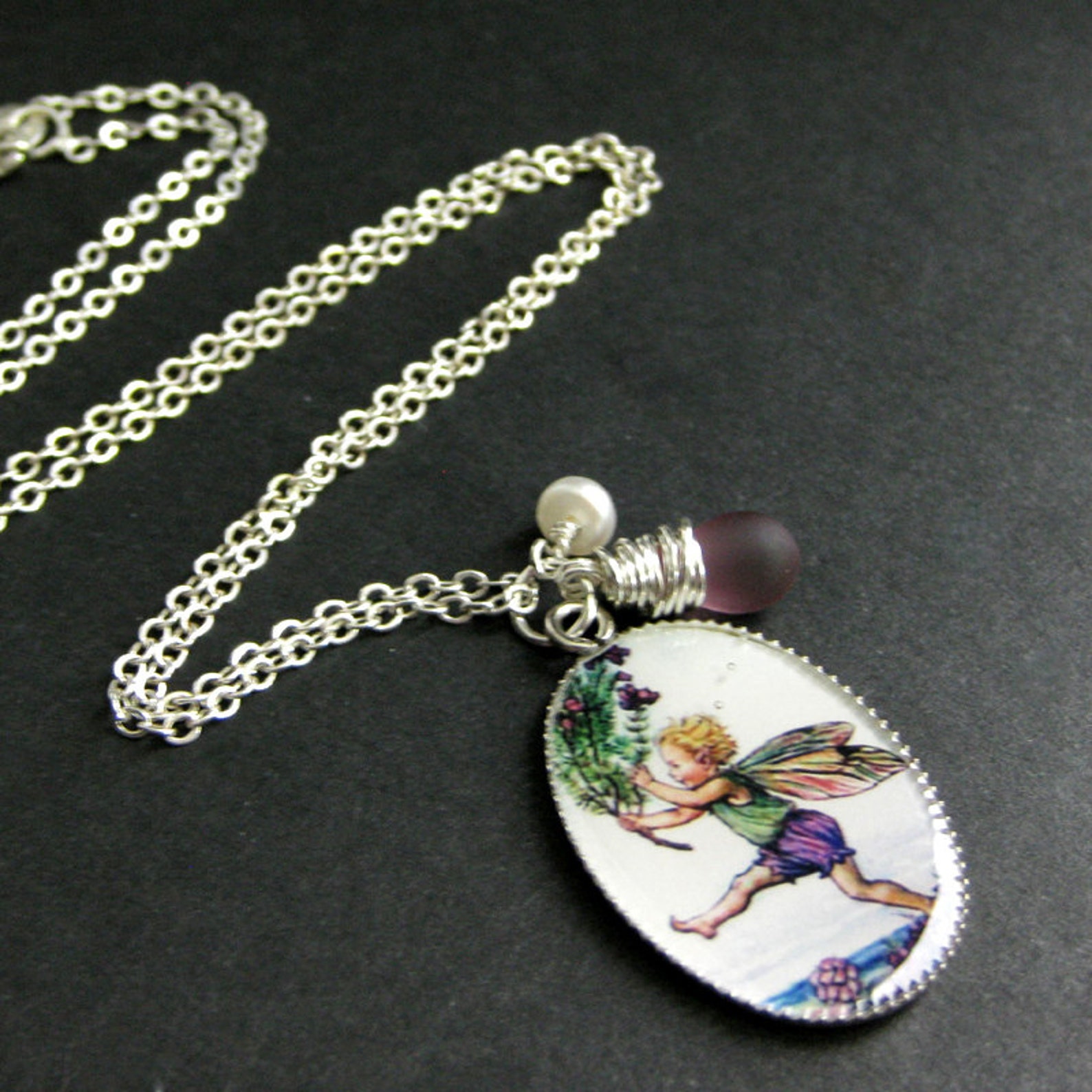 Flower Fairy Necklace. Green and Purple Fairy Pendant With Purple ...