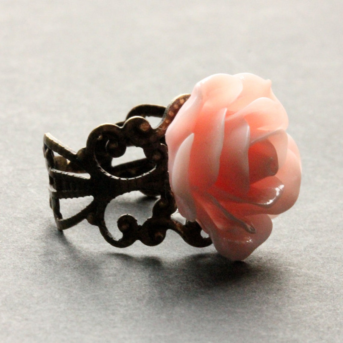 Peachy Pink Rose Ring. Peach Pink Flower Ring. Filigree Ring ...