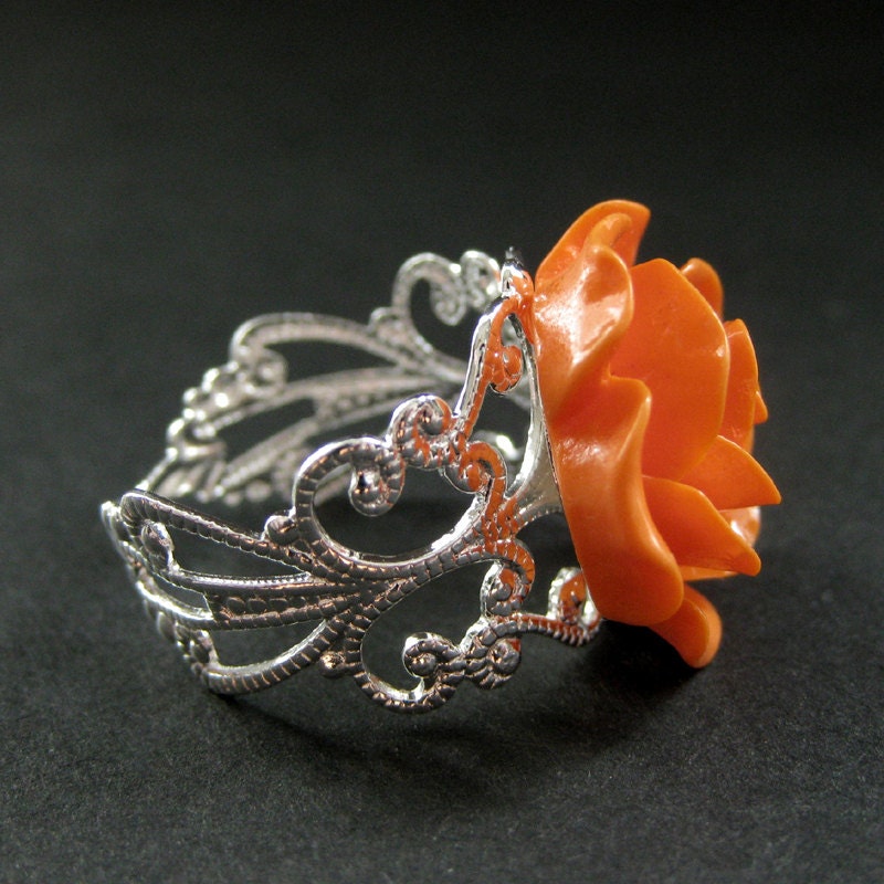 Orange Rose Ring. Orange Flower Ring. Filigree Ring. Adjustable Ring ...