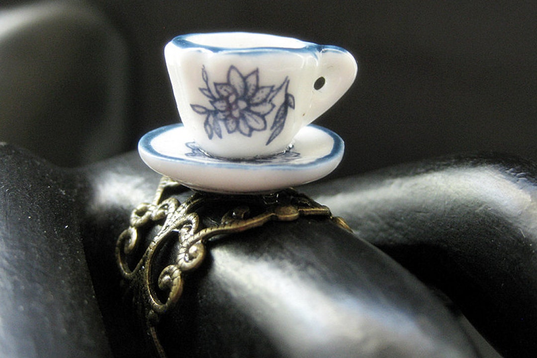 Blue China Teacup Ring. Porcelain Tea Cup Ring With Bronze Filigree ...