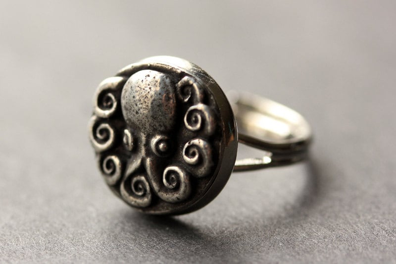 Octopus Ring. Octopus Button Ring. Silver Button Ring. | Etsy