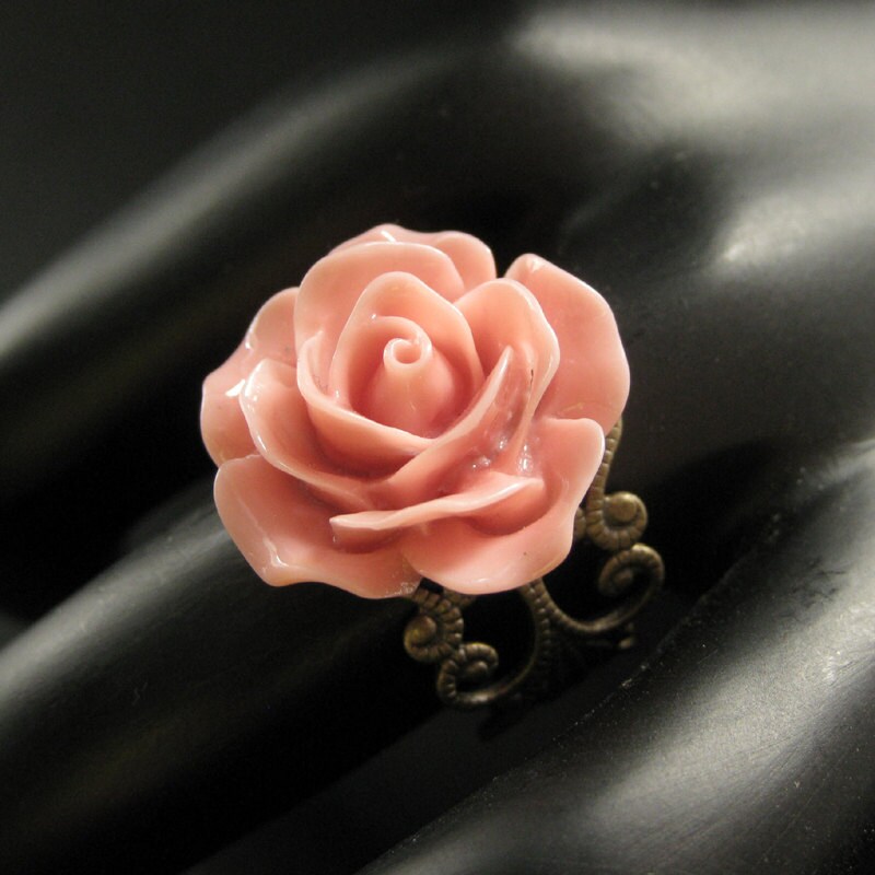 Antique Pink Rose Ring. Pink Flower Ring. Filigree Ring. Adjustable ...