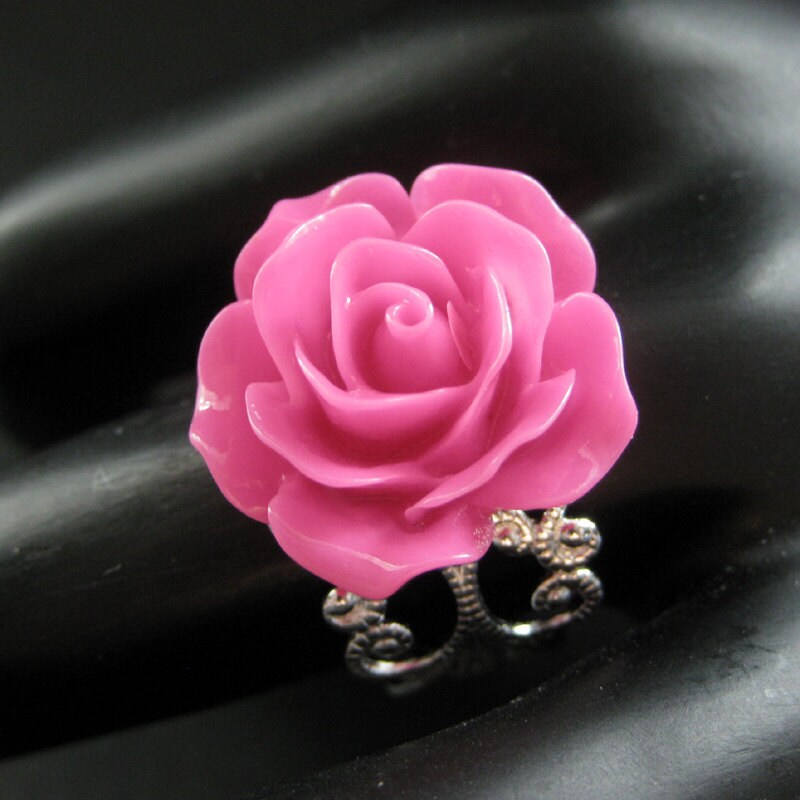 Hot Pink Rose Ring. Pink Flower Ring. Filigree Adjustable - Etsy