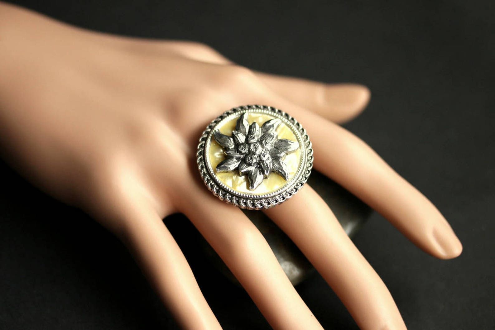 Upcycled Brooch Ring. Flower Bouquet Ring in Tan and Silver. Adjustable ...