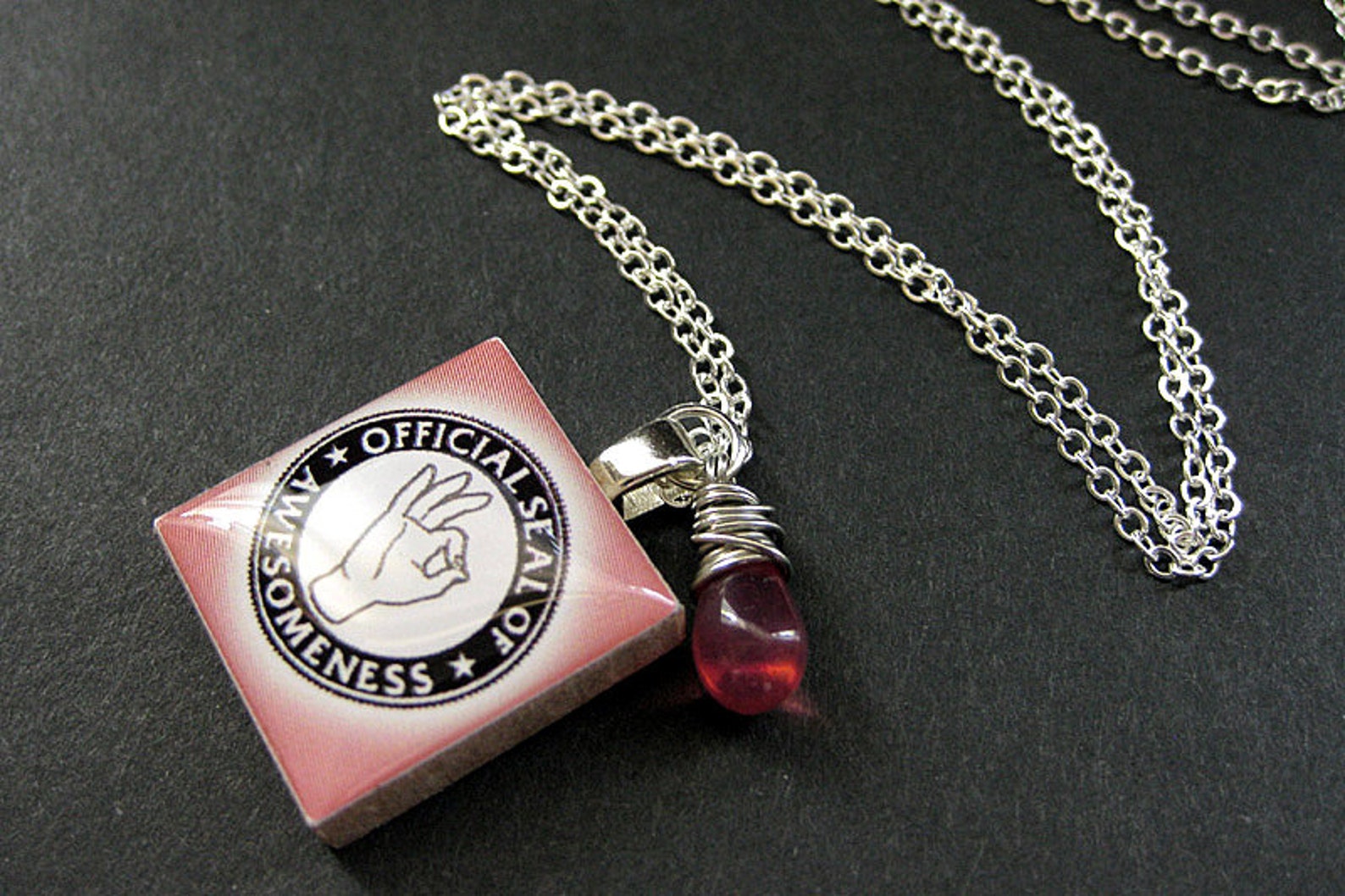 Scrabble Tile Necklace. Seal of Awesomeness Charm Necklace With Pink ...