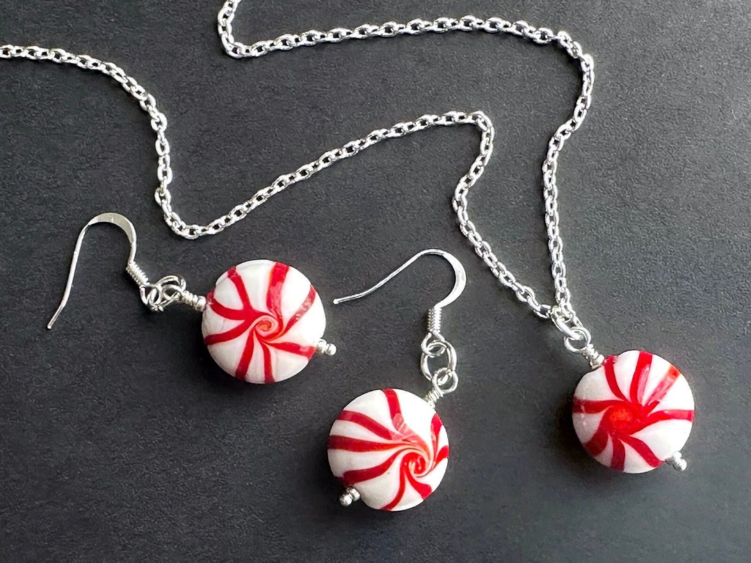 Peppermint Necklace & Earrings. Holiday Jewelry. Peppermint Earrings. Lampwork Christmas Jewelry ...