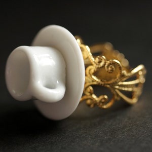 Coffee Cup Ring. Porcelain Cup and Saucer Ring. White Cup Ring. Gold ...