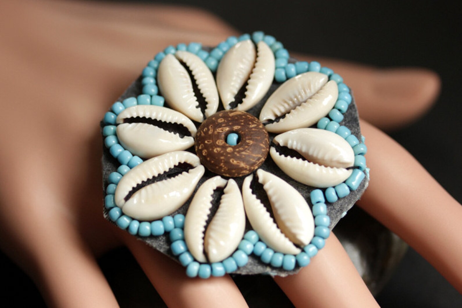 Shell Flower Ring. Shell Beadwork Ring. Shell Ring. Silver Adjustable ...