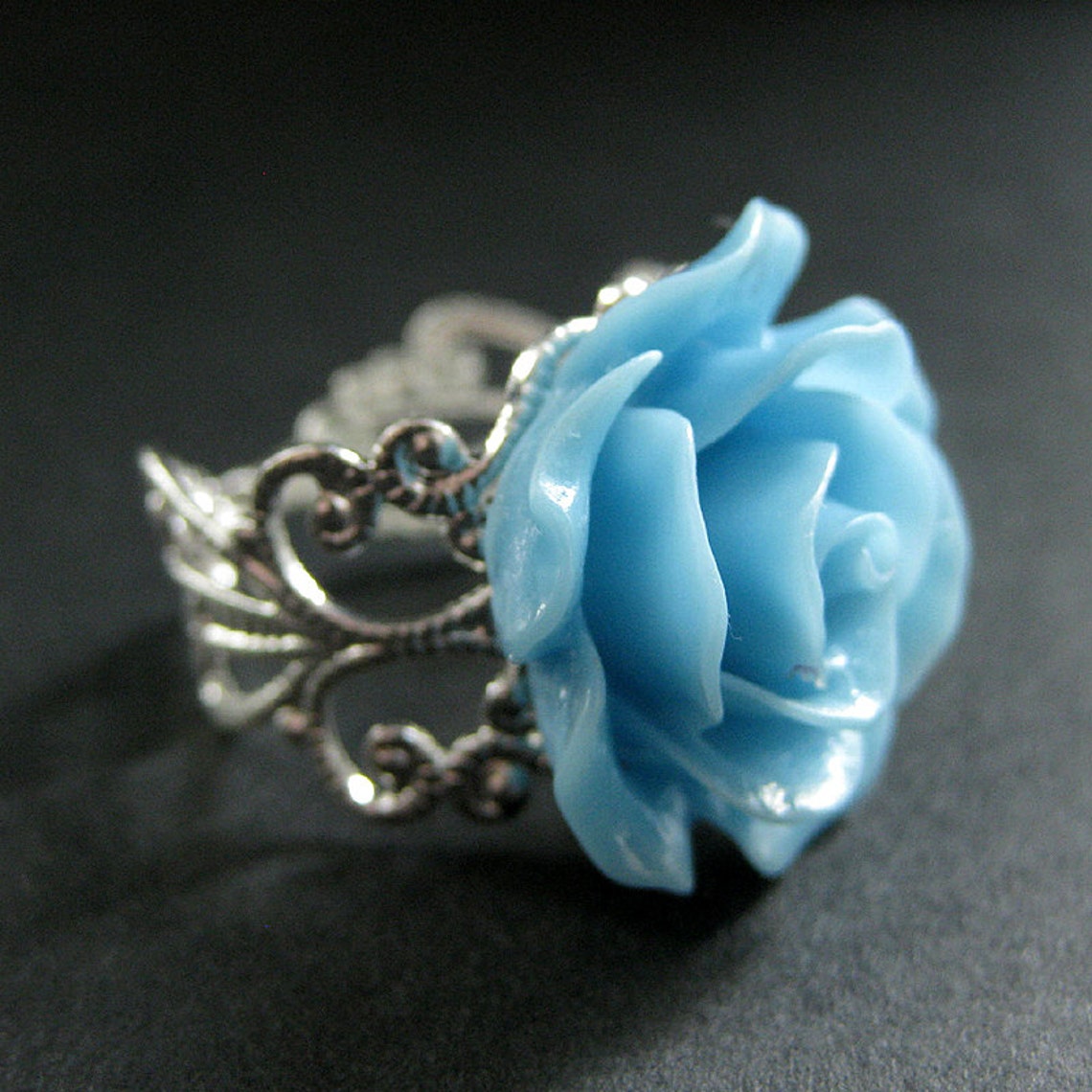 Baby Blue Rose Ring. Sky Blue Flower Ring. Filigree Adjustable - Etsy