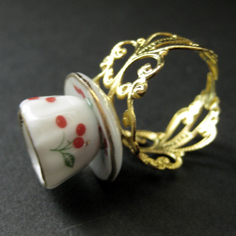 Cherry Teacup Ring. Porcelain Tea Cup Ring With Cherries. Gold | Etsy