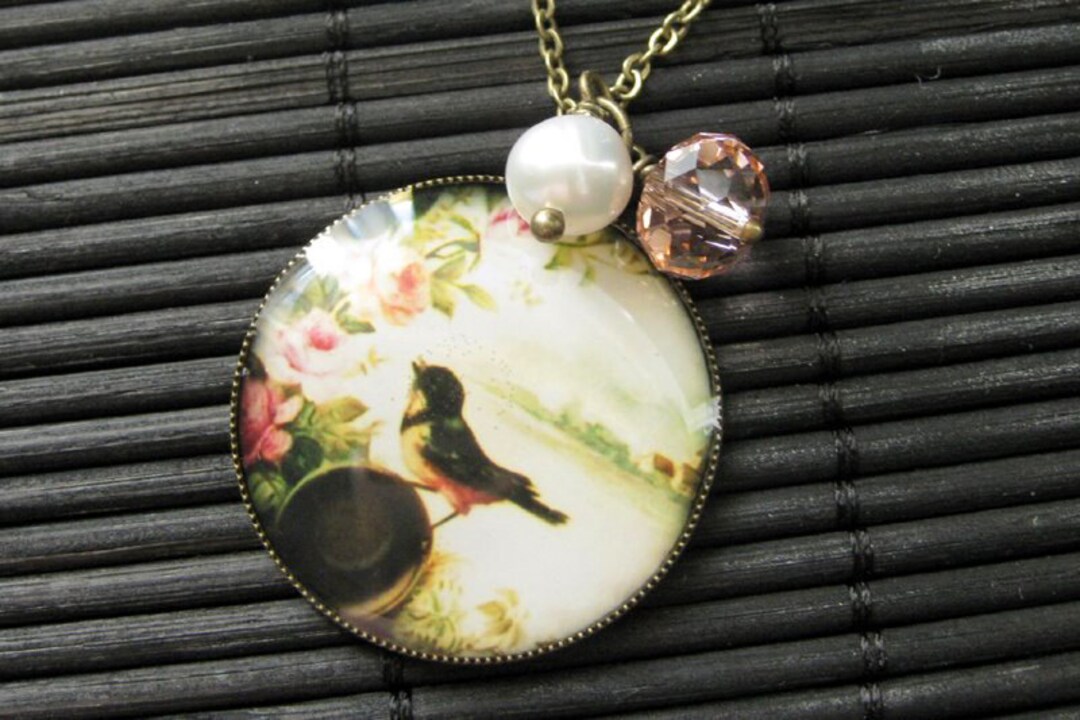 Singing Bird Charm Necklace in Bronze With Pink Crystal and Genuine ...