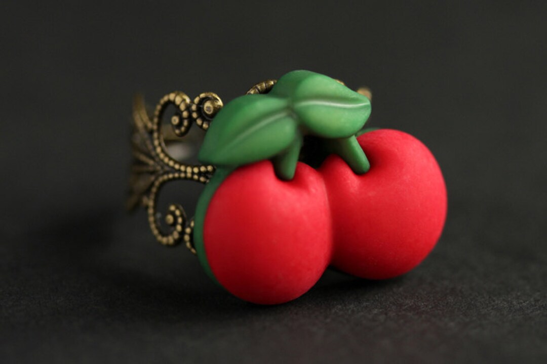 Cherry Ring. Button Ring. Red Cherries Ring. Adjustable Ring. Cherry ...