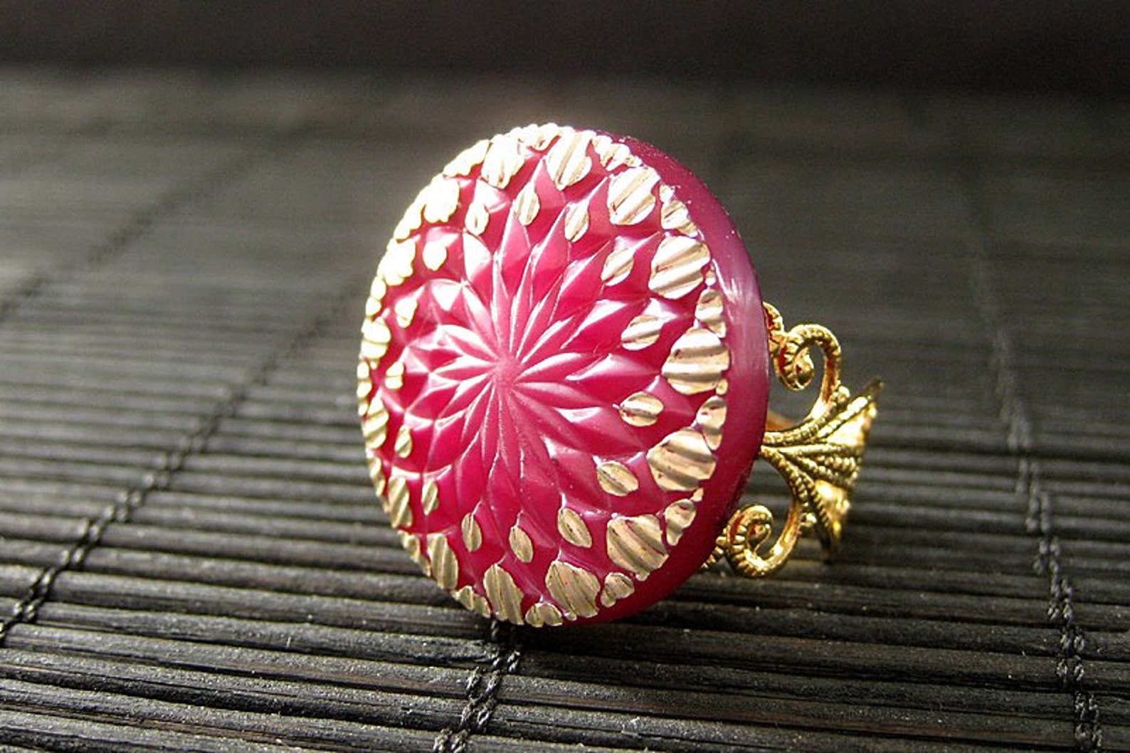 Fuchsia Button Ring With Gold Sun Design. Red Ring. Gold Adjustable ...
