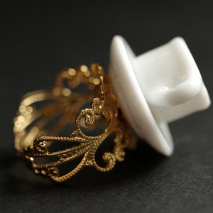 Coffee Cup Ring. Porcelain Cup and Saucer Ring. White Cup Ring. Gold ...