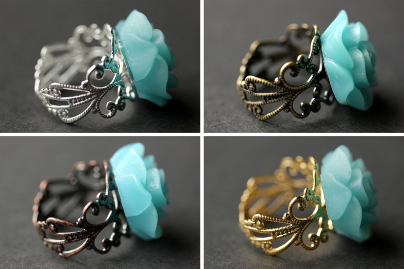 Aqua Blue Rose Ring. Caribbean Blue Flower Ring. Gold Ring. | Etsy