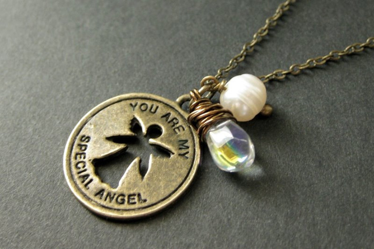 Special Angel Necklace in Bronze With Wire Wrapped Teardrop and Fresh ...