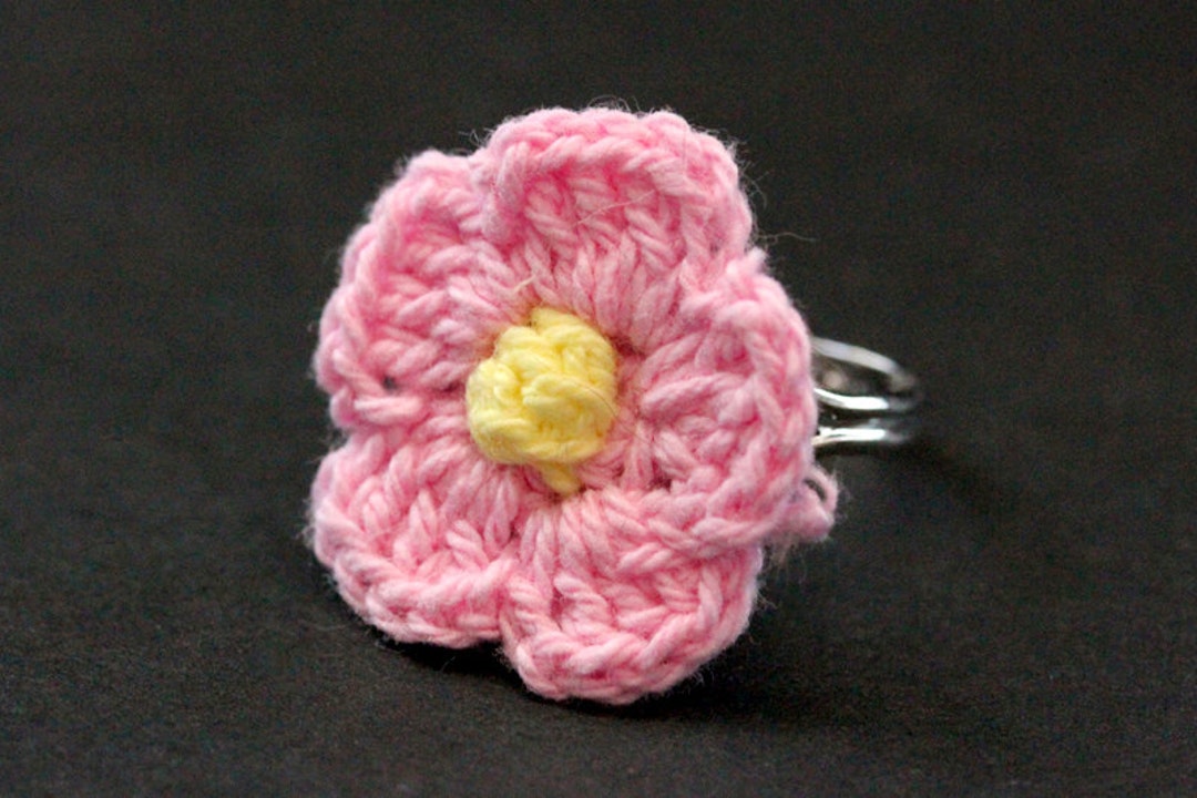 Pink Knit Flower Ring. Pink Flower Ring. Crochet Flower Ring. Silver ...