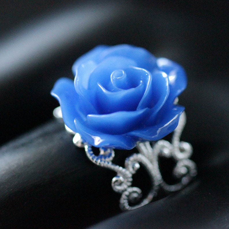 Cobalt Blue Rose Ring. Blue Flower Ring. Filigree Adjustable Ring ...