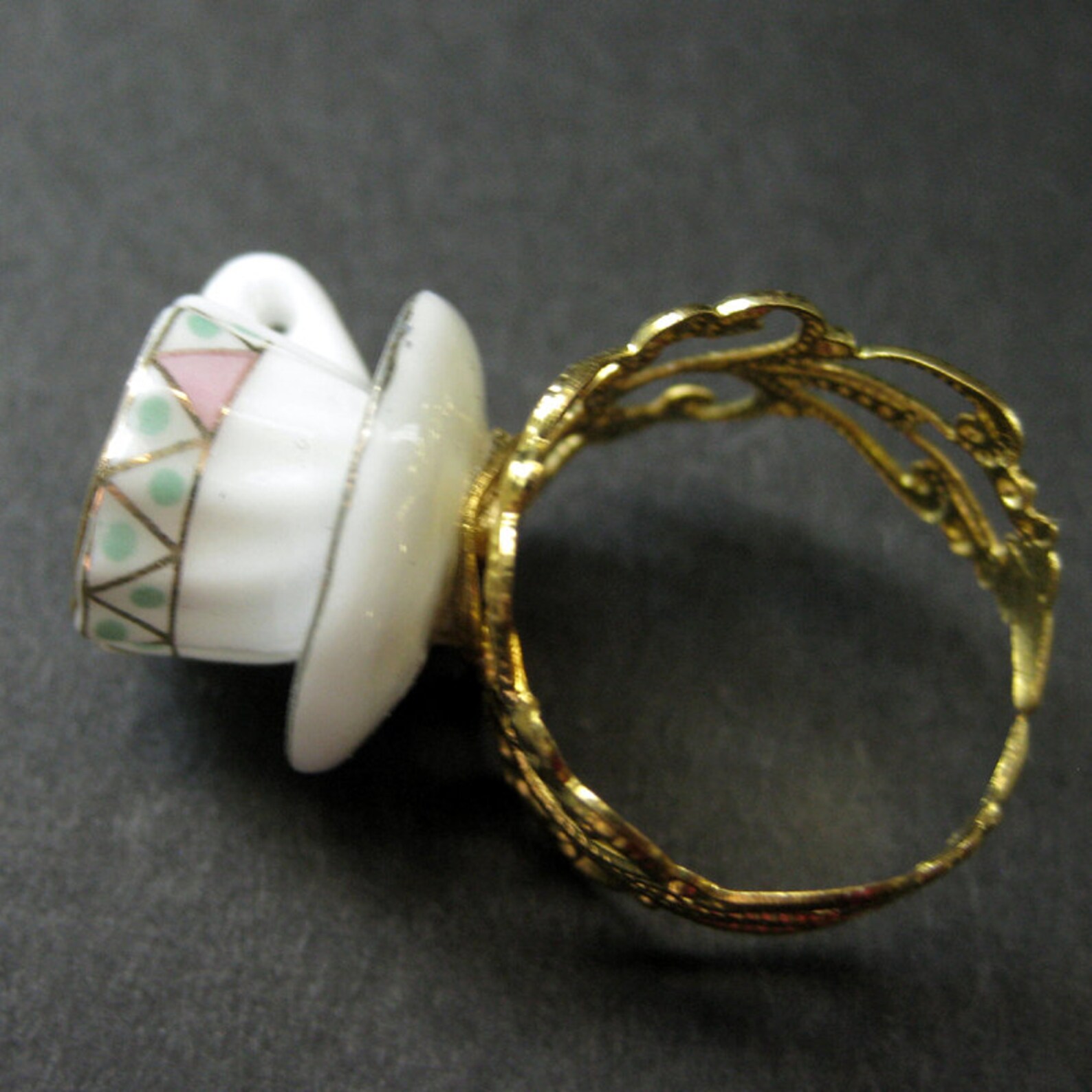Porcelain Teacup Ring. Pastel Geometric Tea Cup Ring. Gold Filigree ...