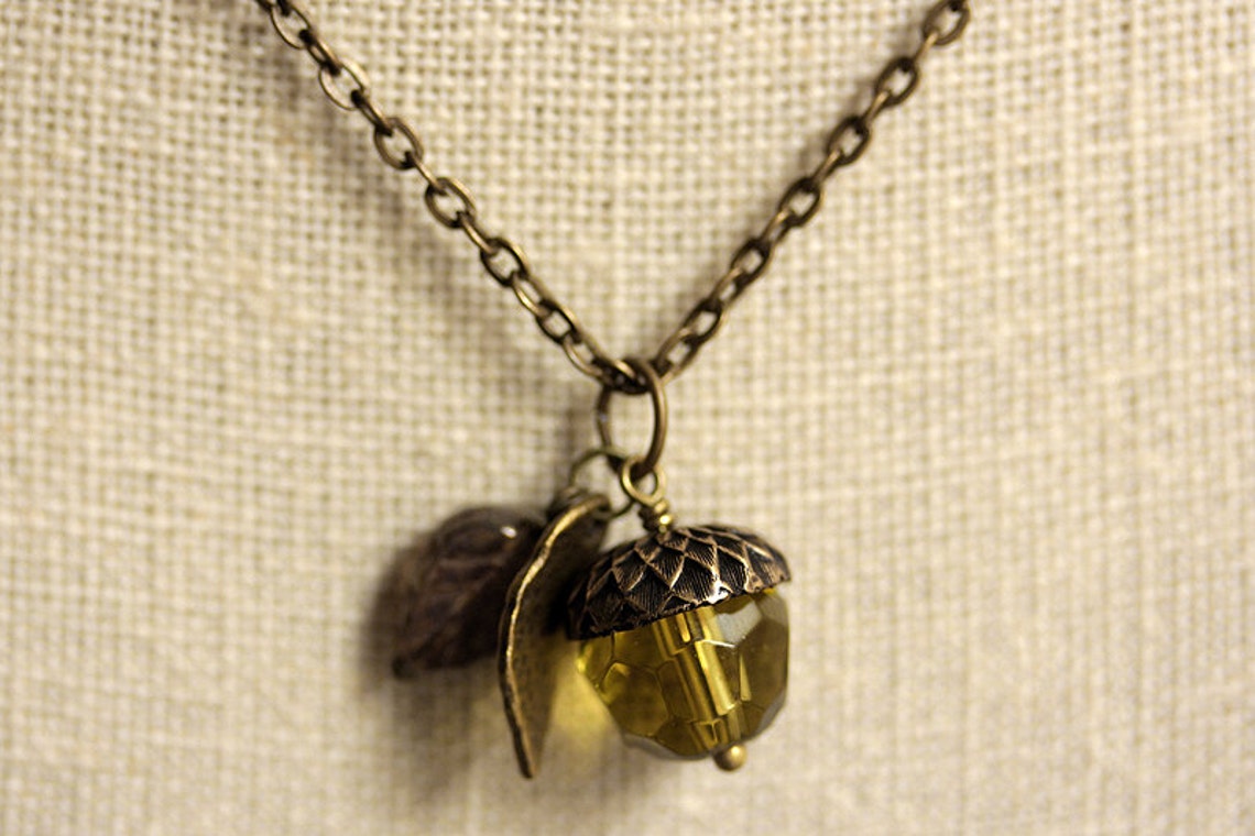 Olive Green Acorn Pendant. Crystal Acorn Necklace. Bronze Acorn Charm ...