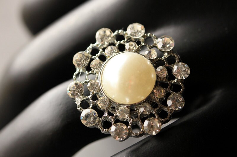 Rhinestone Button Ring. Pearl and Rhinestone Ring. Pearl Ring. Cocktail ...