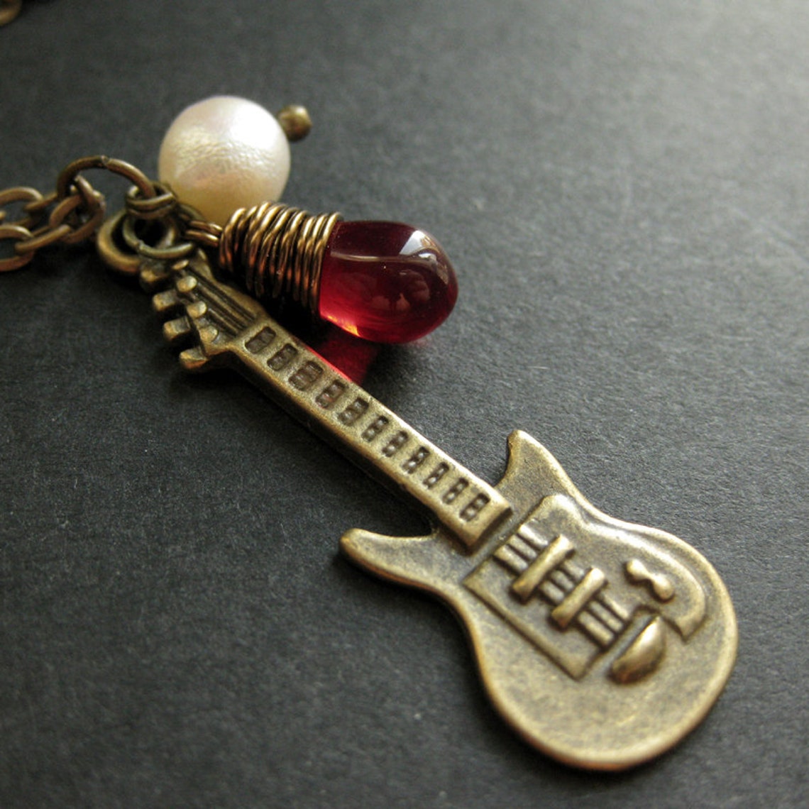 Electric Guitar Necklace. Musical Instrument Necklace With Red Teardrop ...