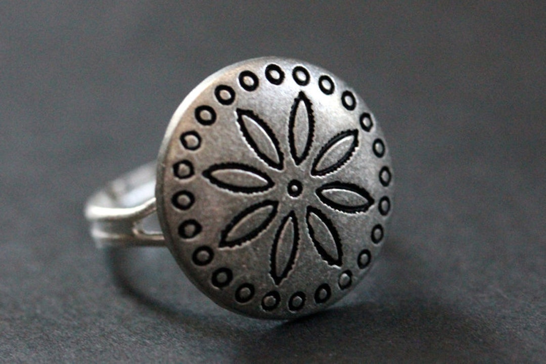 Rustic Flower Button Ring. Flower Ring. Silver Button Ring. Adjustable ...