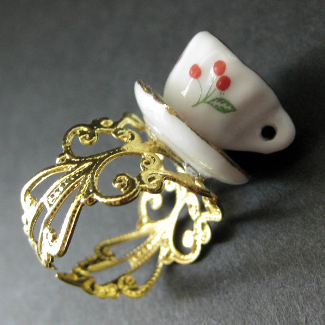 Cherry Teacup Ring. Porcelain Tea Cup Ring With Cherries. Gold Filigree ...