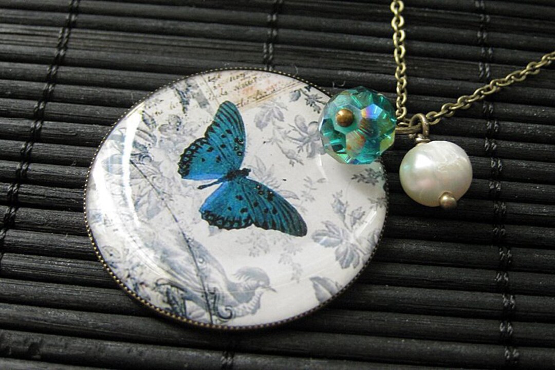 Teal Butterfly Charm Necklace in Bronze With Teal Crystal Charm and ...