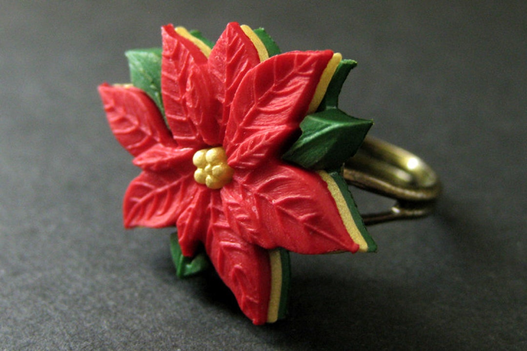 Poinsettia Flower Ring. Christmas Ring. Red Flower Ring. Adjustable ...