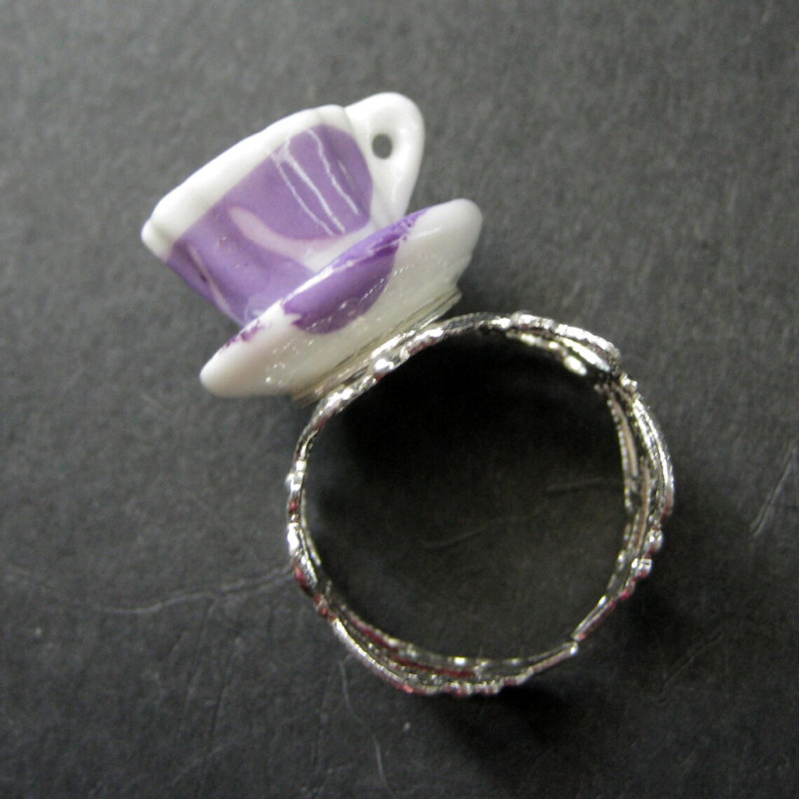 Teacup Ring. China Cup Ring With Purple Splat. Silver Filigree ...