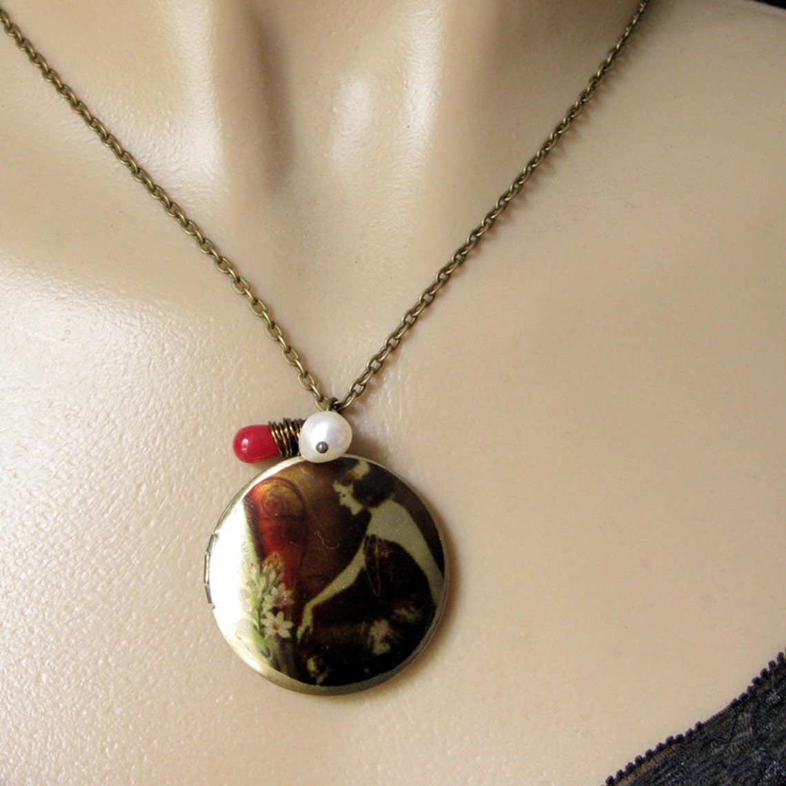Art Nouveau Locket Necklace. Charm Necklace With Red Coral | Etsy