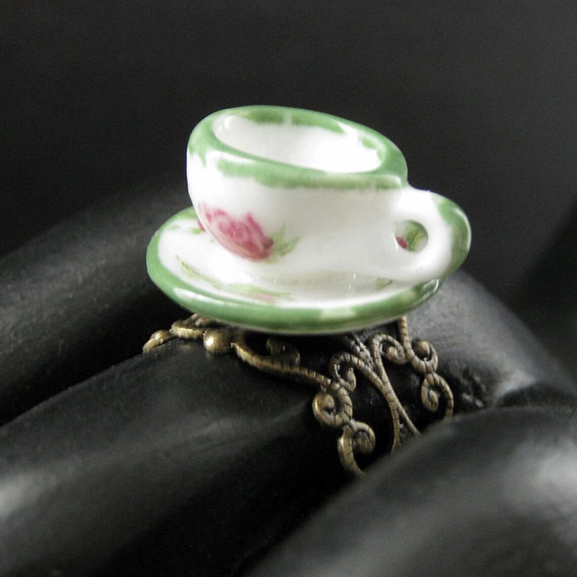 Porcelain Teacup Ring With Green Trim and Pink Flowers. Bronze Filigree ...