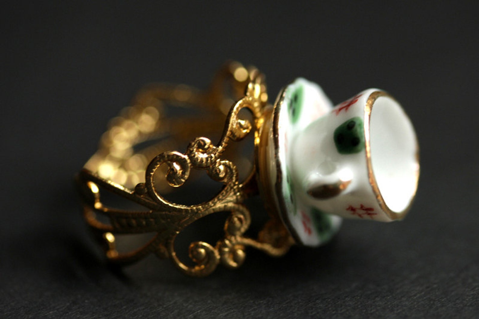 Porcelain Teacup Ring. Green and Red Tea Cup Ring. Gold Ring. Miniature ...