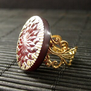 Maroon Button Ring With Golden Sun Design. Dark Red Ring. Gold ...