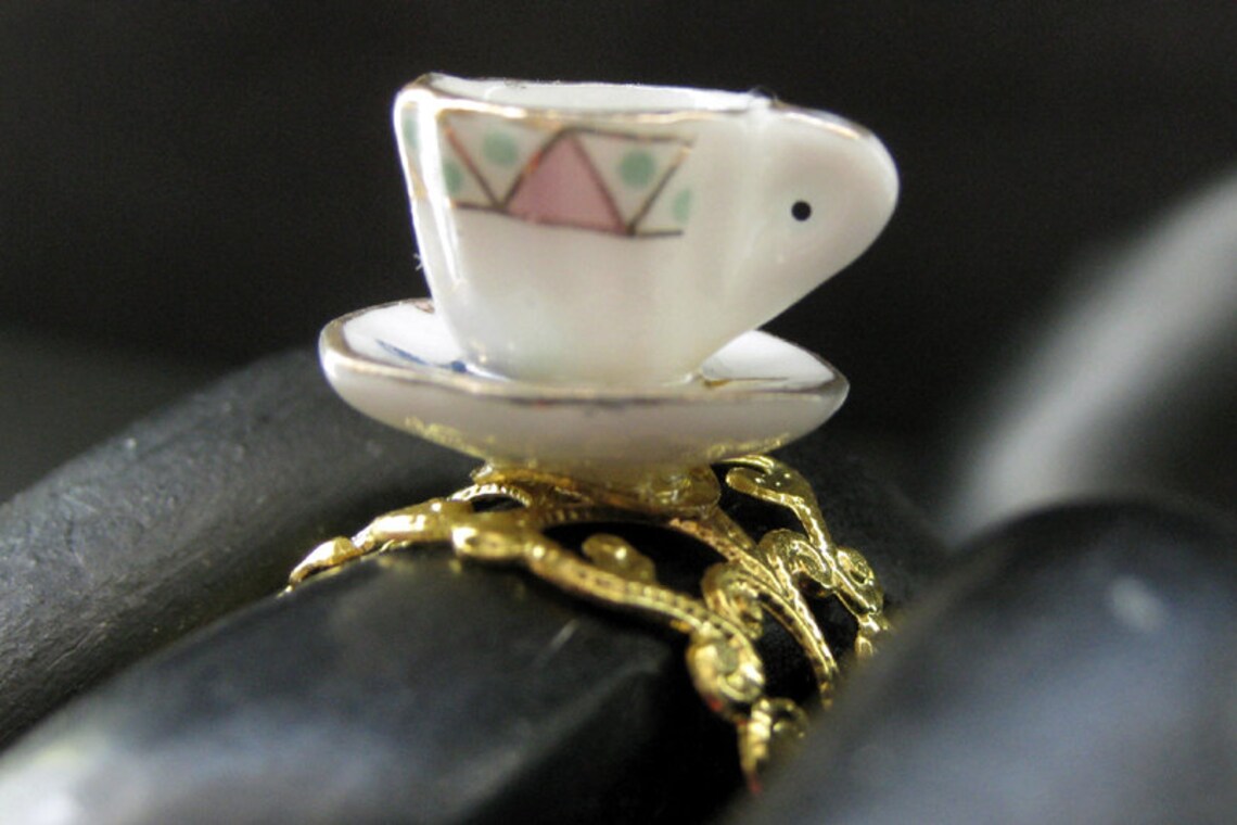 Porcelain Teacup Ring. Pastel Geometric Tea Cup Ring. Gold Filigree ...