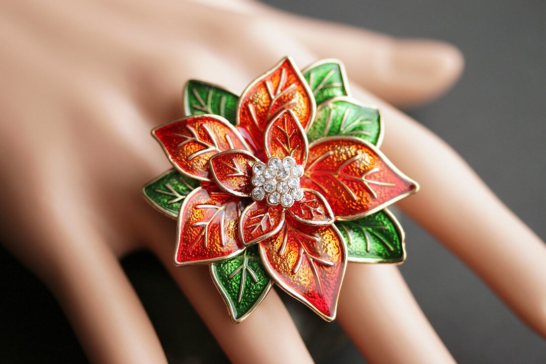 Large Poinsettia Flower Ring. Christmas Ring. Enameled Poinsettia Ring ...