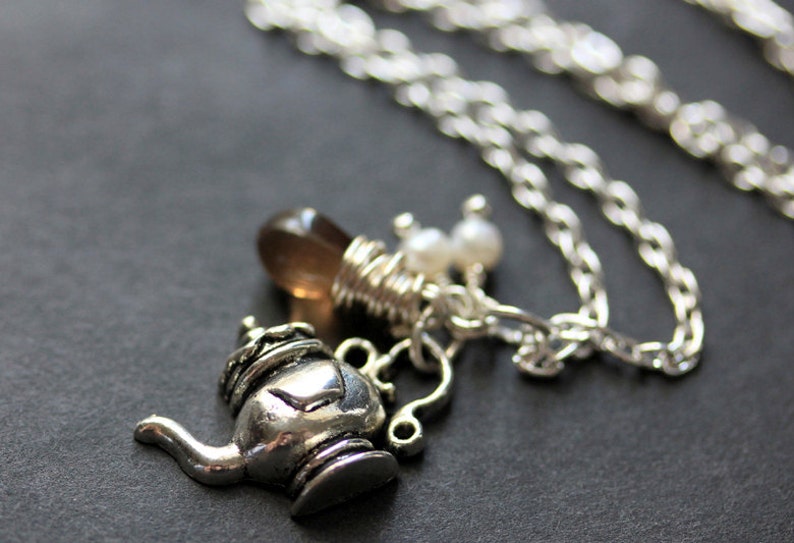 Teapot Charm Necklace. Silver Tea Pot Necklace With Glass Teardrop and ...