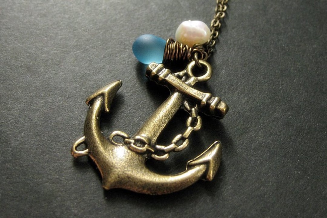 Naval Anchor Necklace. Nautical Necklace With Aqua Teardrop Charm and ...