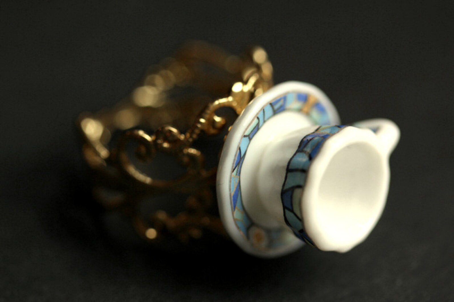 Teacup Ring in White With Blue Geometric Design. Tea Cup Ring. - Etsy