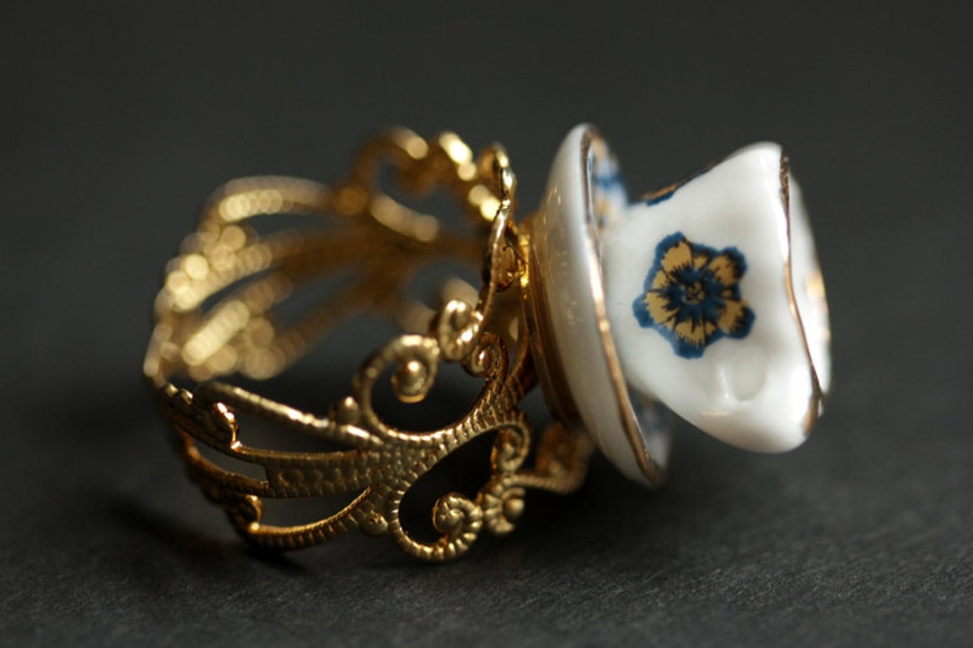HOLIDAY SALE Porcelain Teacup Ring. Dark Blue and Yellow Floral Tea Cup ...