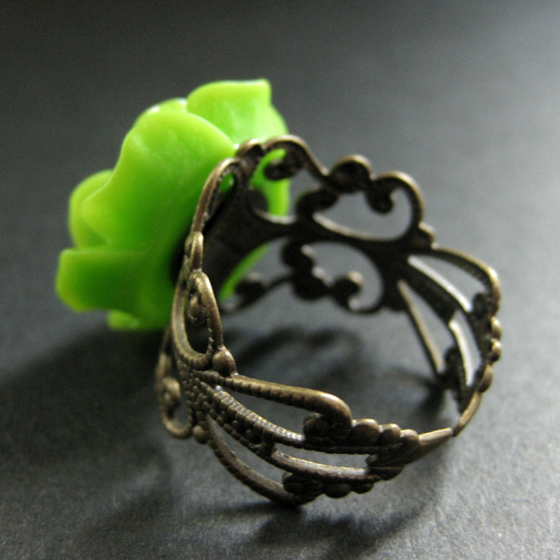 Apple Green Rose Ring. Green Flower Ring. Adjustable Ring. Filigree ...