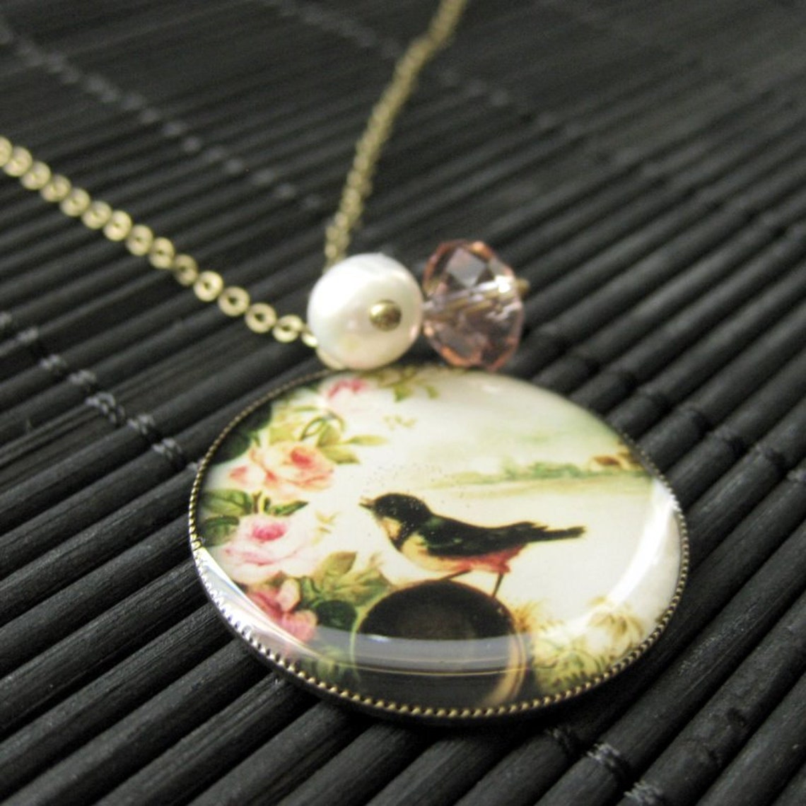 Singing Bird Charm Necklace in Bronze With Pink Crystal and Genuine ...