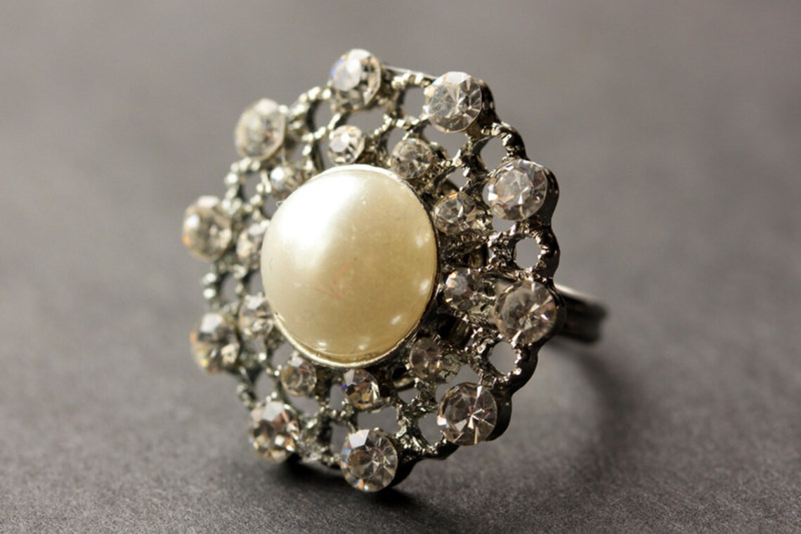 Rhinestone Button Ring. Pearl and Rhinestone Ring. Pearl Ring. Cocktail ...