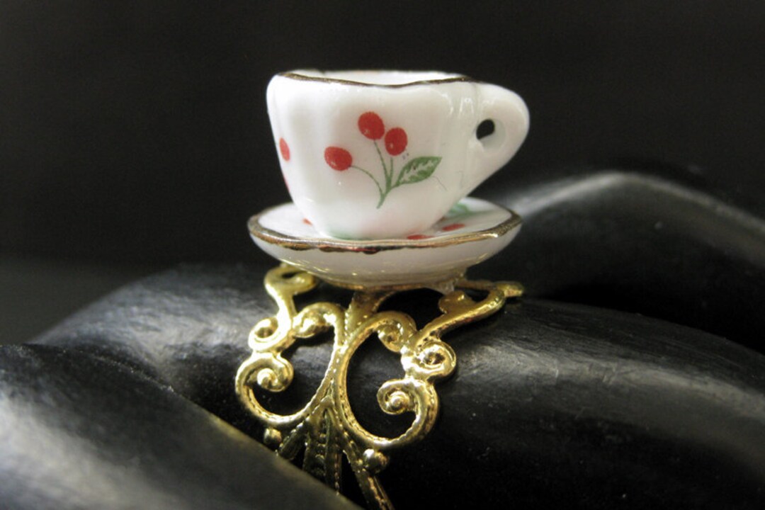 Cherry Teacup Ring. Porcelain Tea Cup Ring With Cherries. Gold Filigree ...