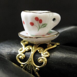 Cherry Teacup Ring. Porcelain Tea Cup Ring With Cherries. Gold Filigree ...