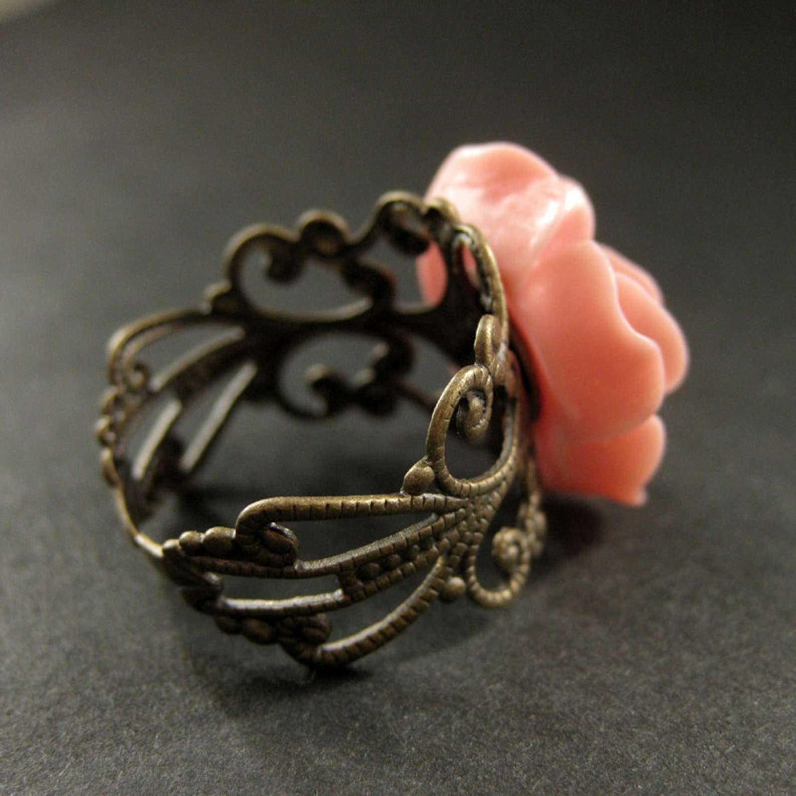 Antique Pink Rose Ring. Pink Flower Ring. Filigree Ring. Adjustable ...