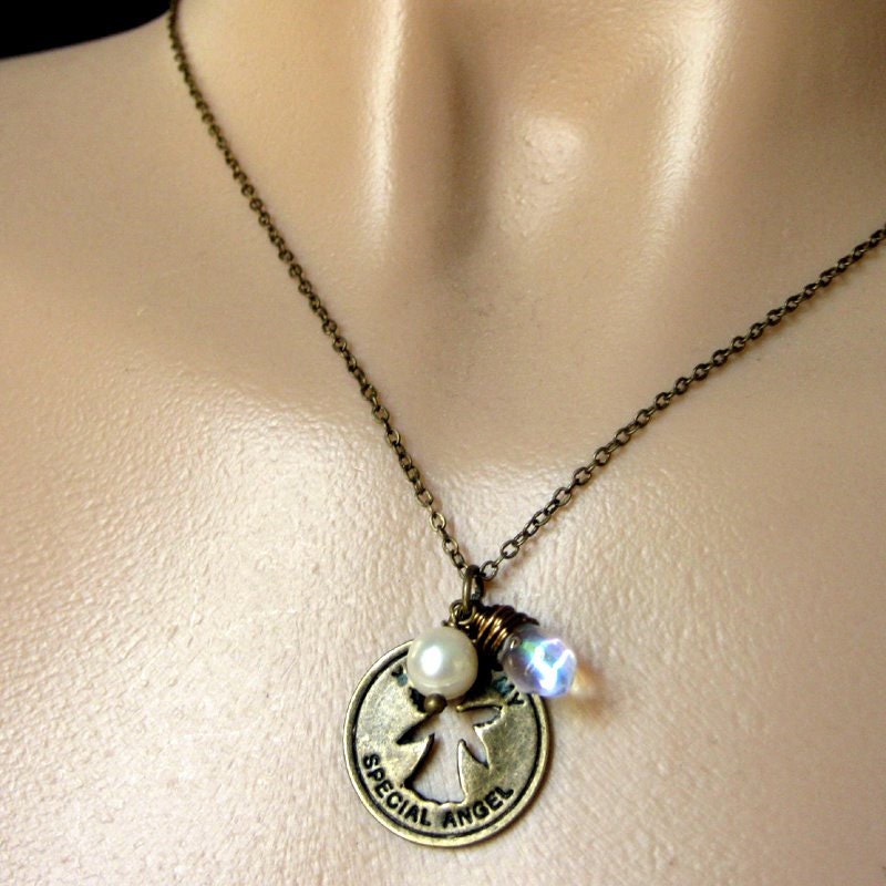Special Angel Necklace in Bronze With Wire Wrapped Teardrop and Fresh ...
