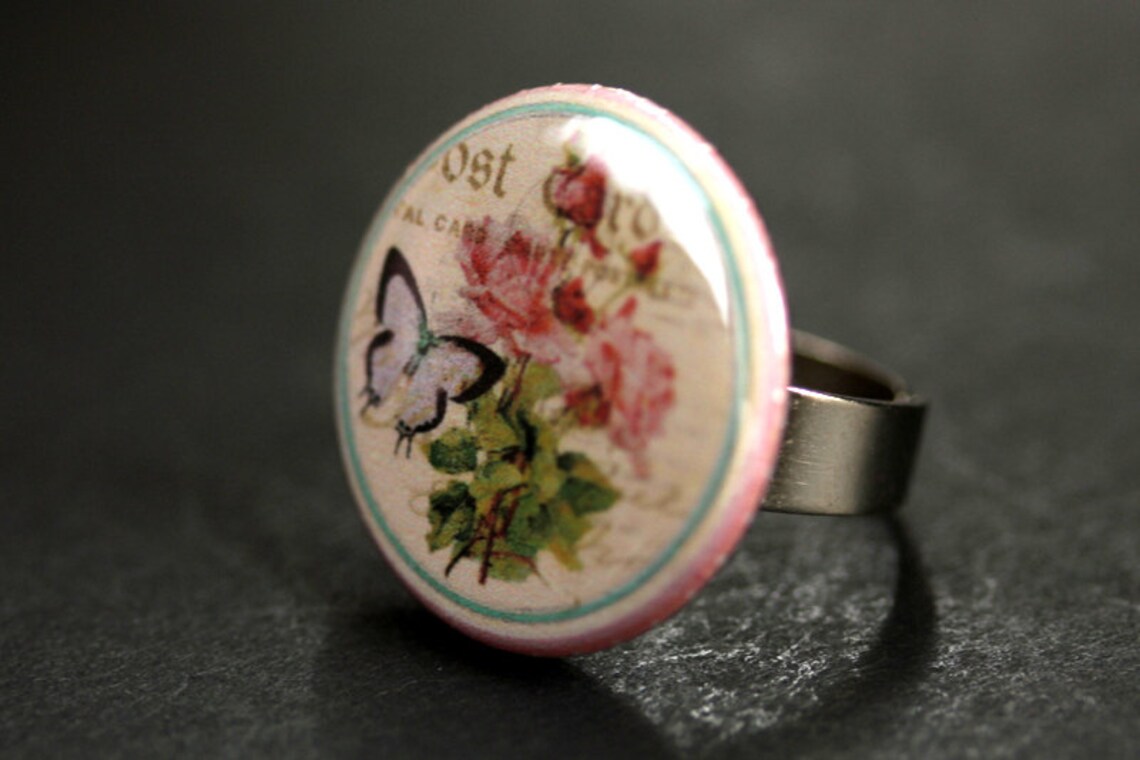 Butterfly Ring. Rose Bush Ring. Nature Ring. Graphic Button Ring. Pink ...