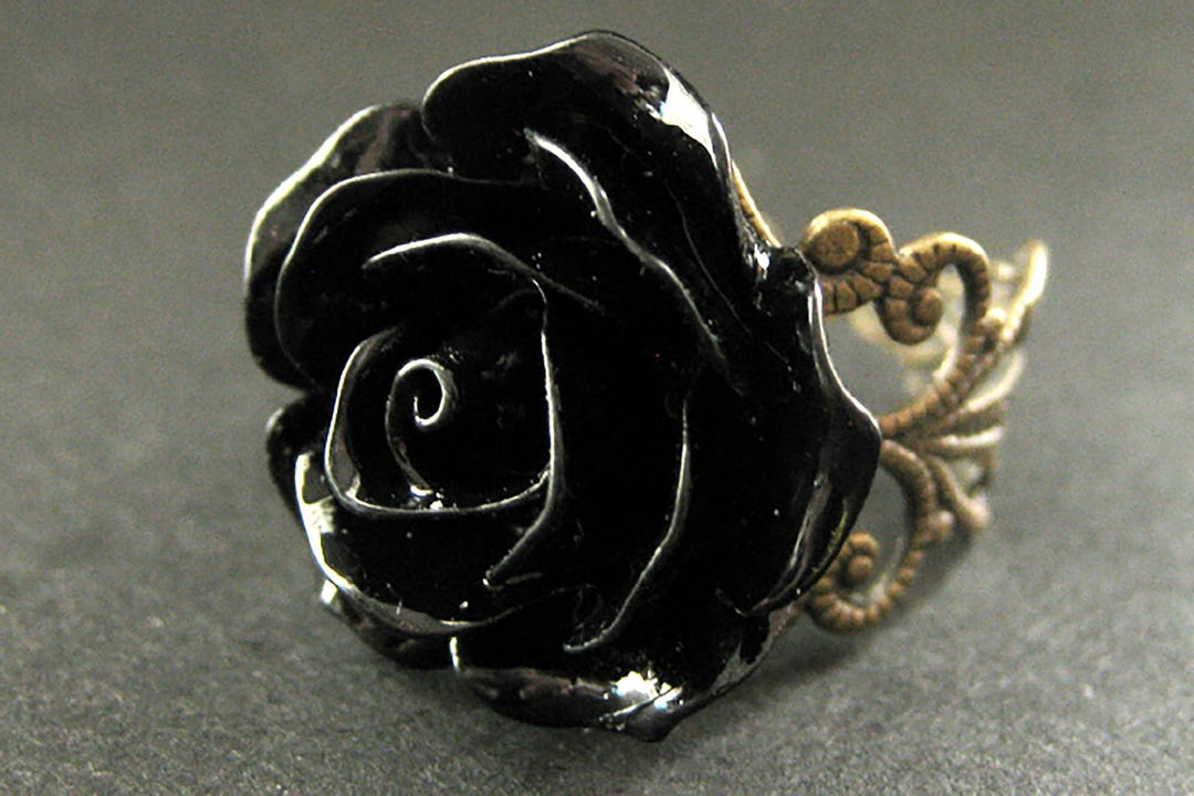 Black Rose Ring. Black Flower Ring. Filigree Adjustable Ring. Resin ...